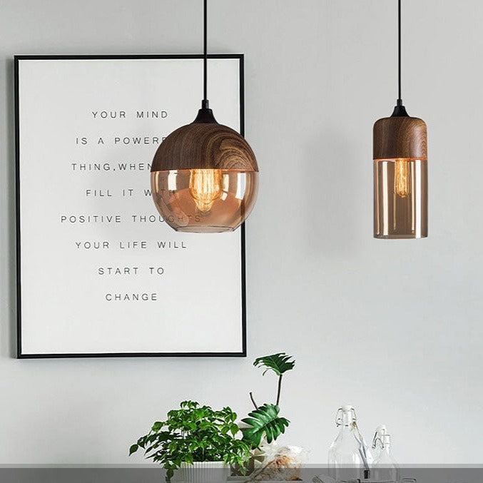 Natural Charm: Wood Color Glass LED Pendant Lamp – Rufatlights